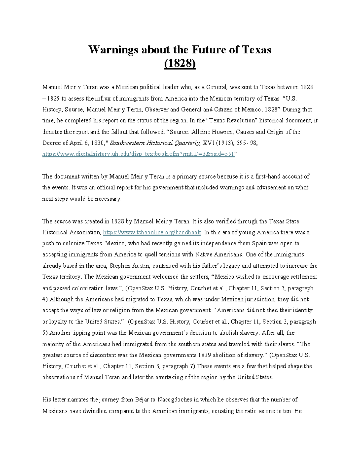 Warnings on Texas' Future: Manuel Meir y Teran's 1828 Report - Studocu