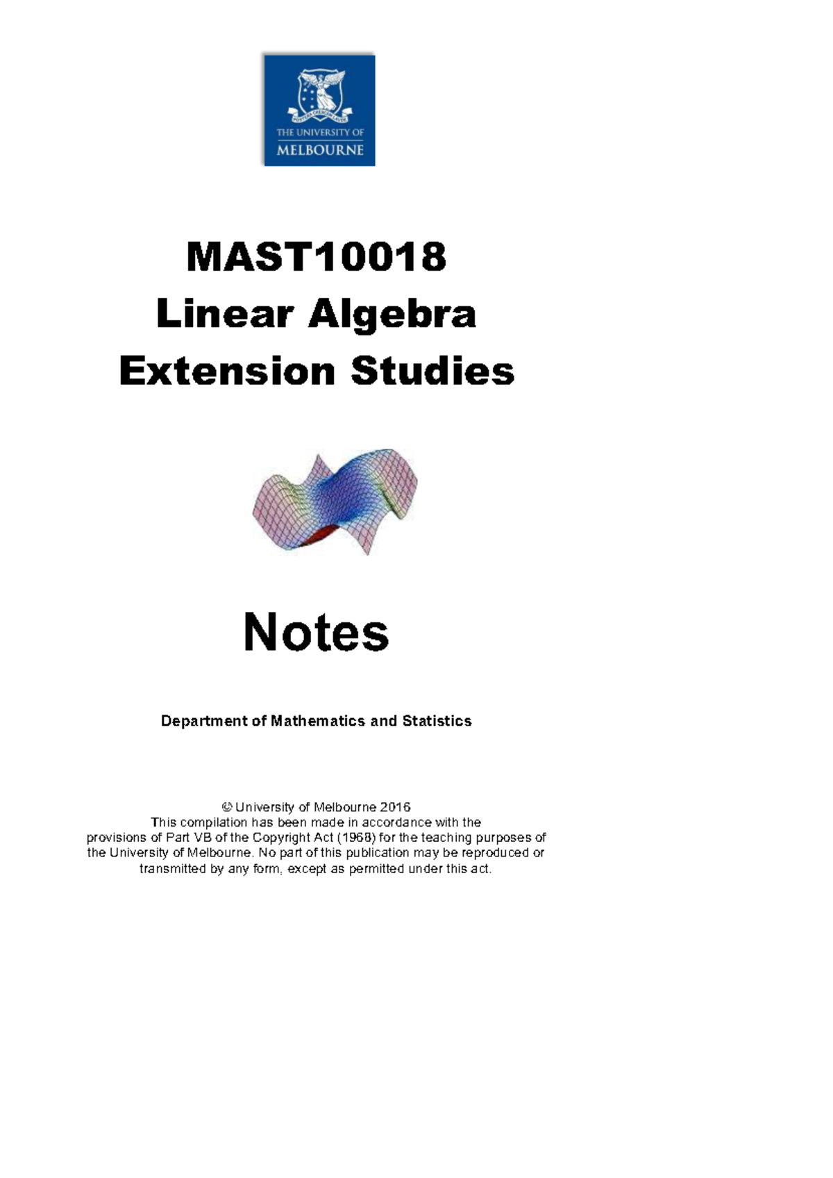 MAST10018 Linear Algebra Extension Studies Notes (2026) - Studocu