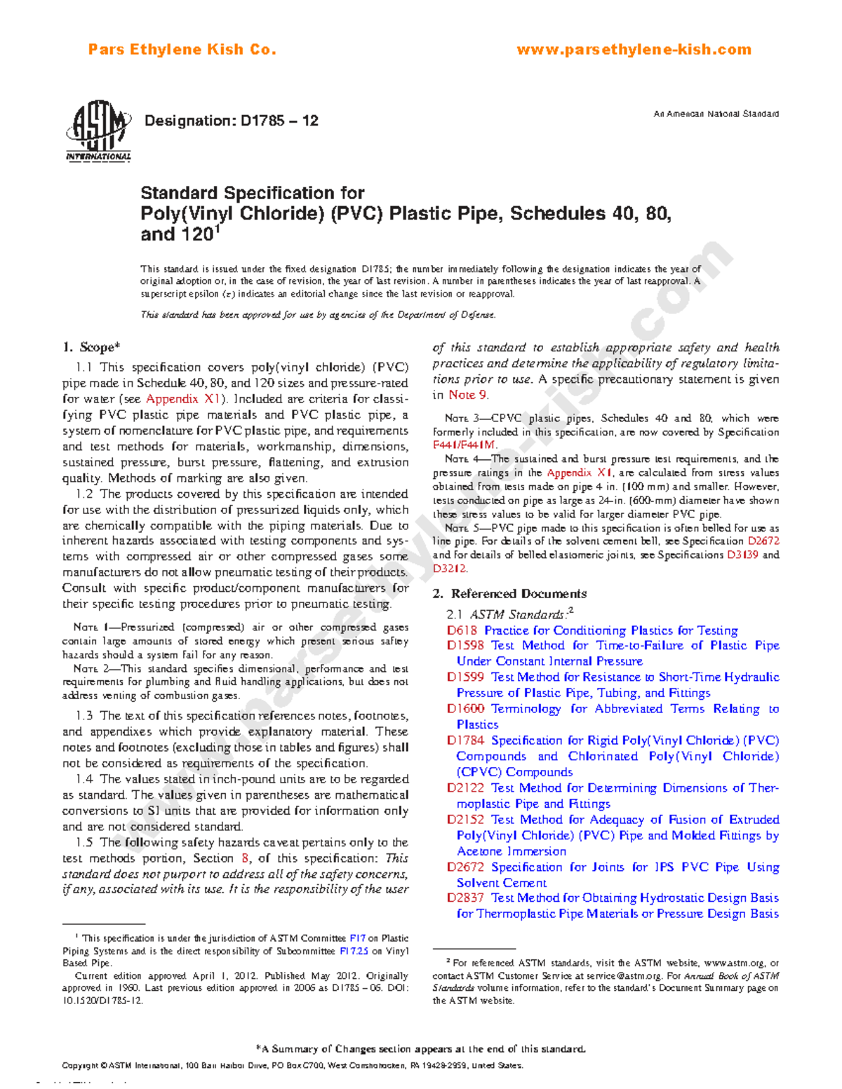 ASTM D1785 (2012): Standard Specification for PVC Pipe Schedules 40, 80 ...