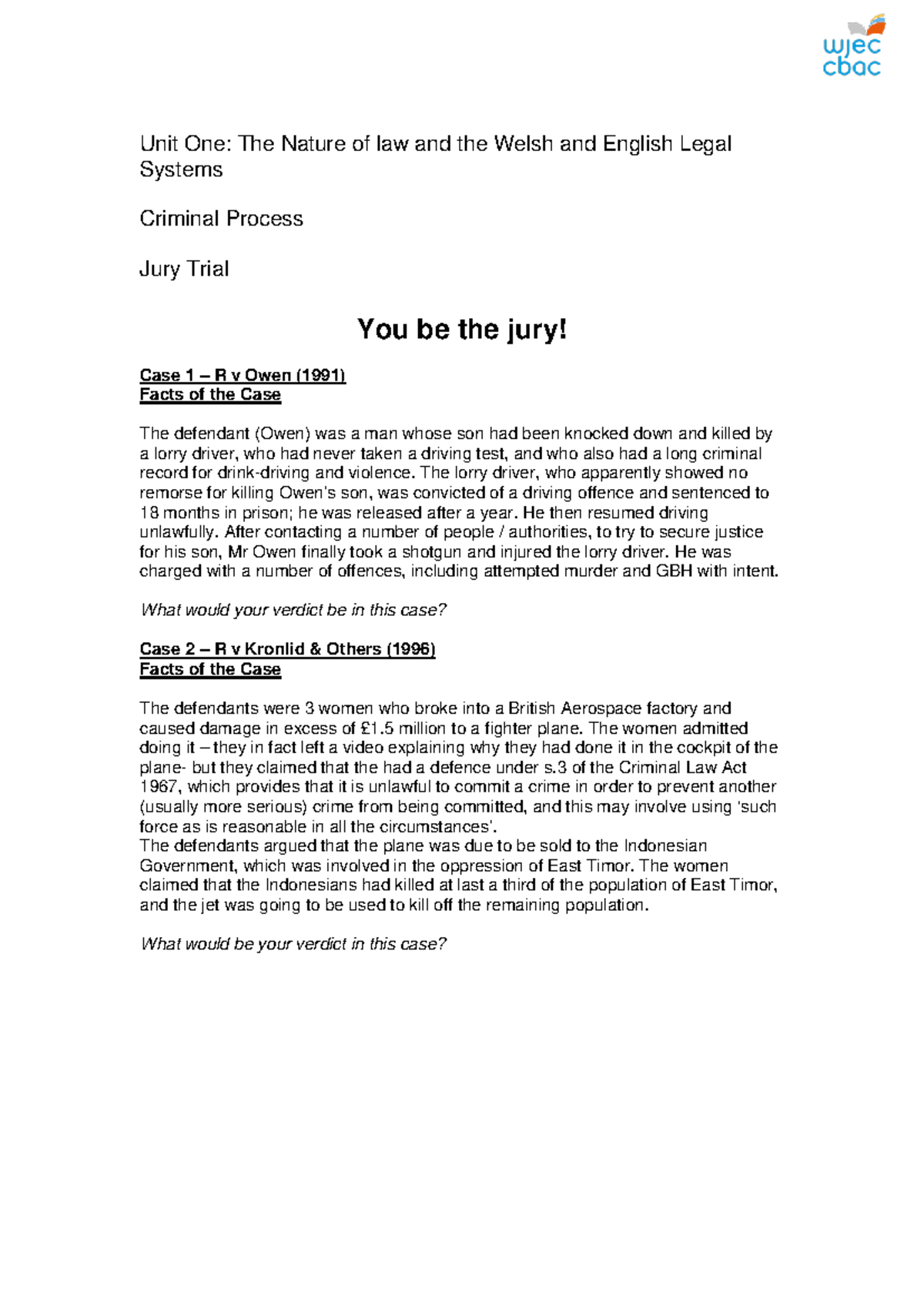 Jury - You Be the Jury Exercise Overview WJEC - Studocu