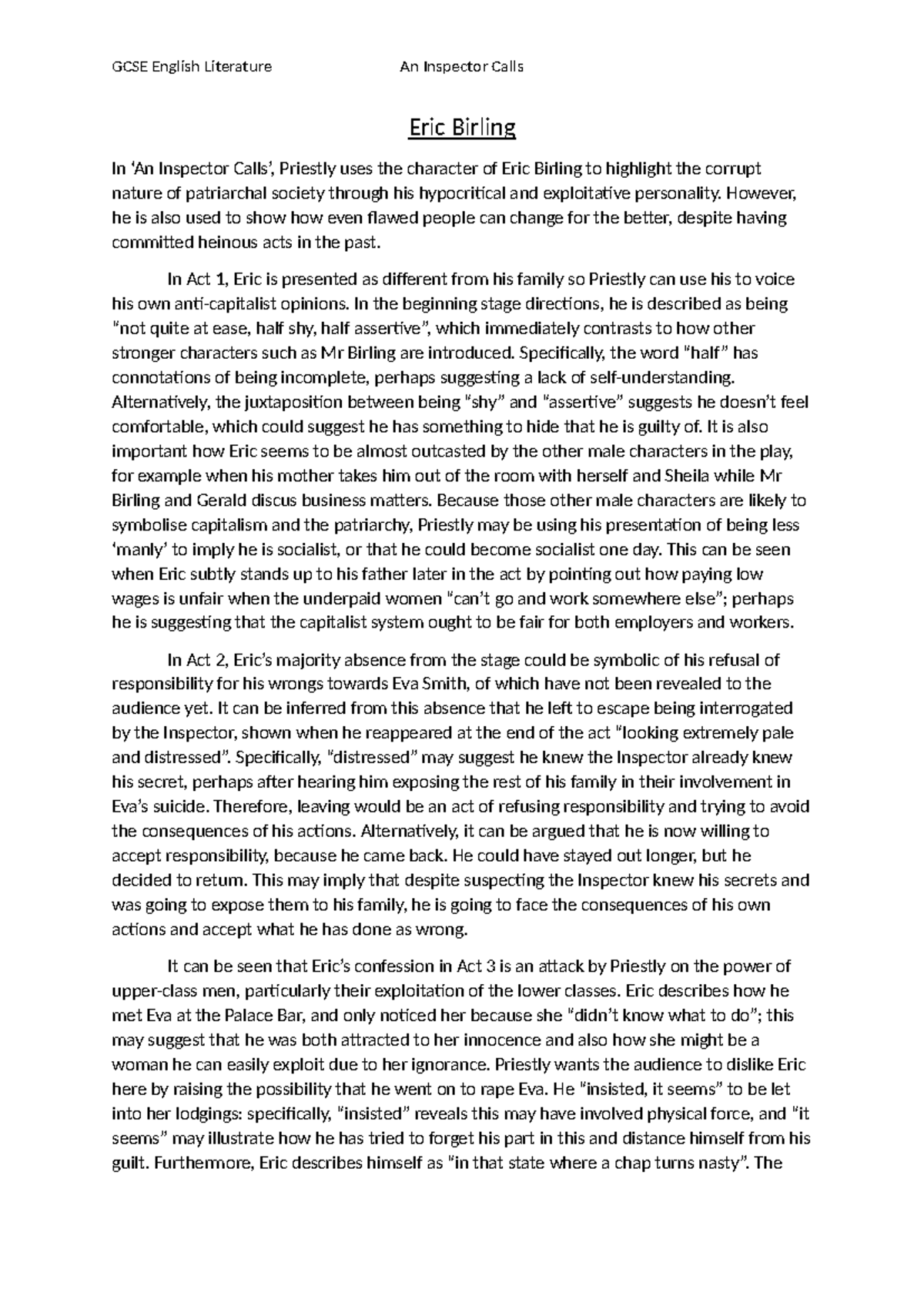 GCSE English Literature: Eric's Character Analysis in An Inspector ...