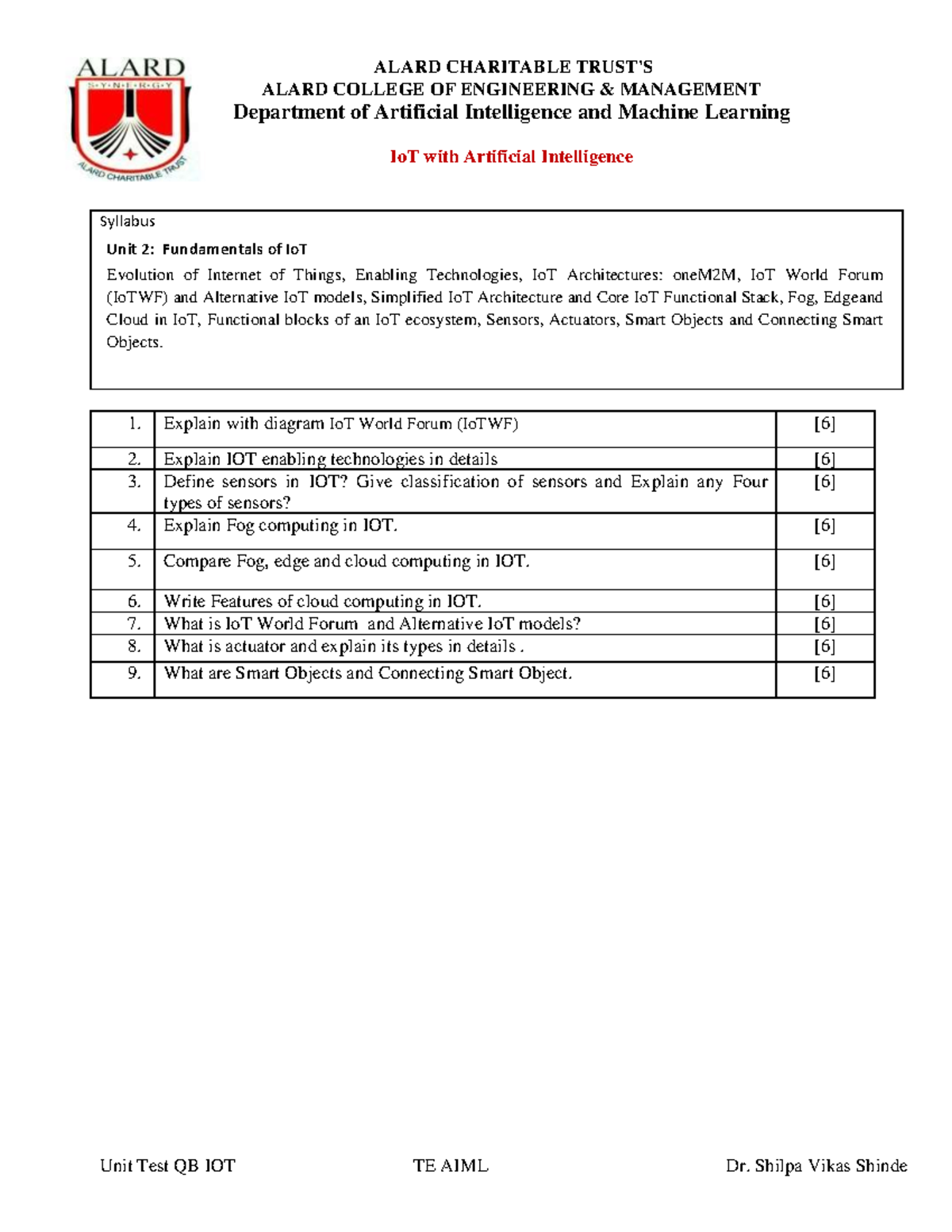 Unit 2 IoT Practice Questions - SPPU AIML QB - Studocu