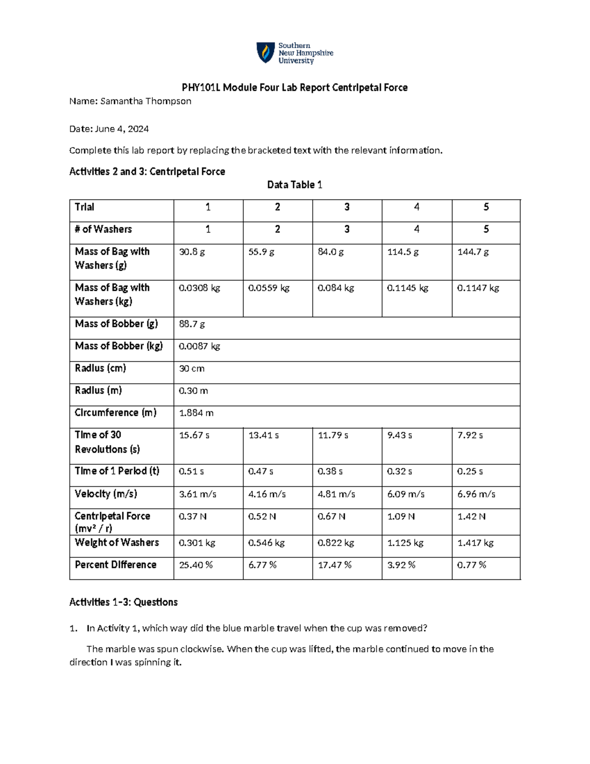 PHY 101L Final Lab Report on Centripetal Force Analysis - Studocu