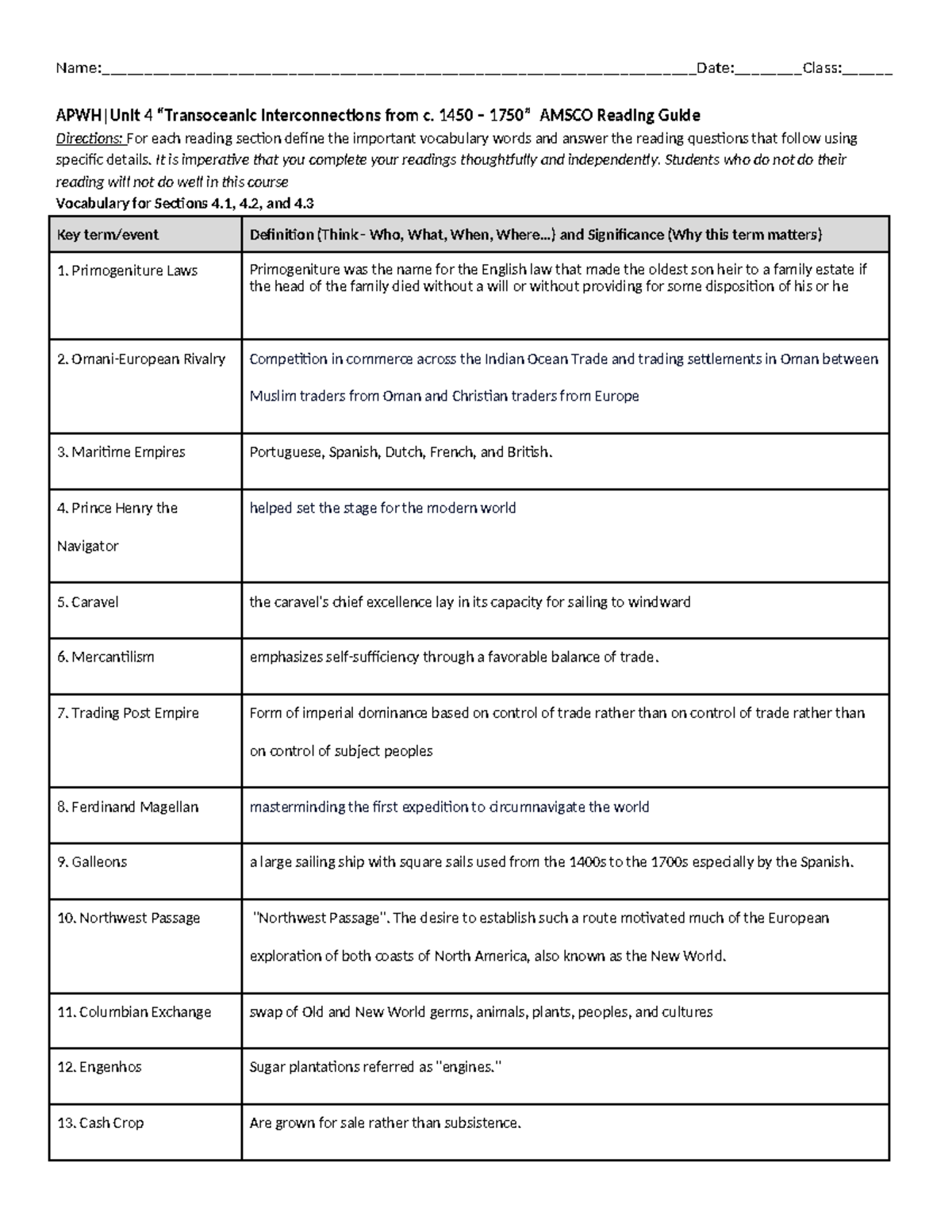 WHAP 2020 Unit 4 AMSCO Reading Guide: Transoceanic Interconnections ...