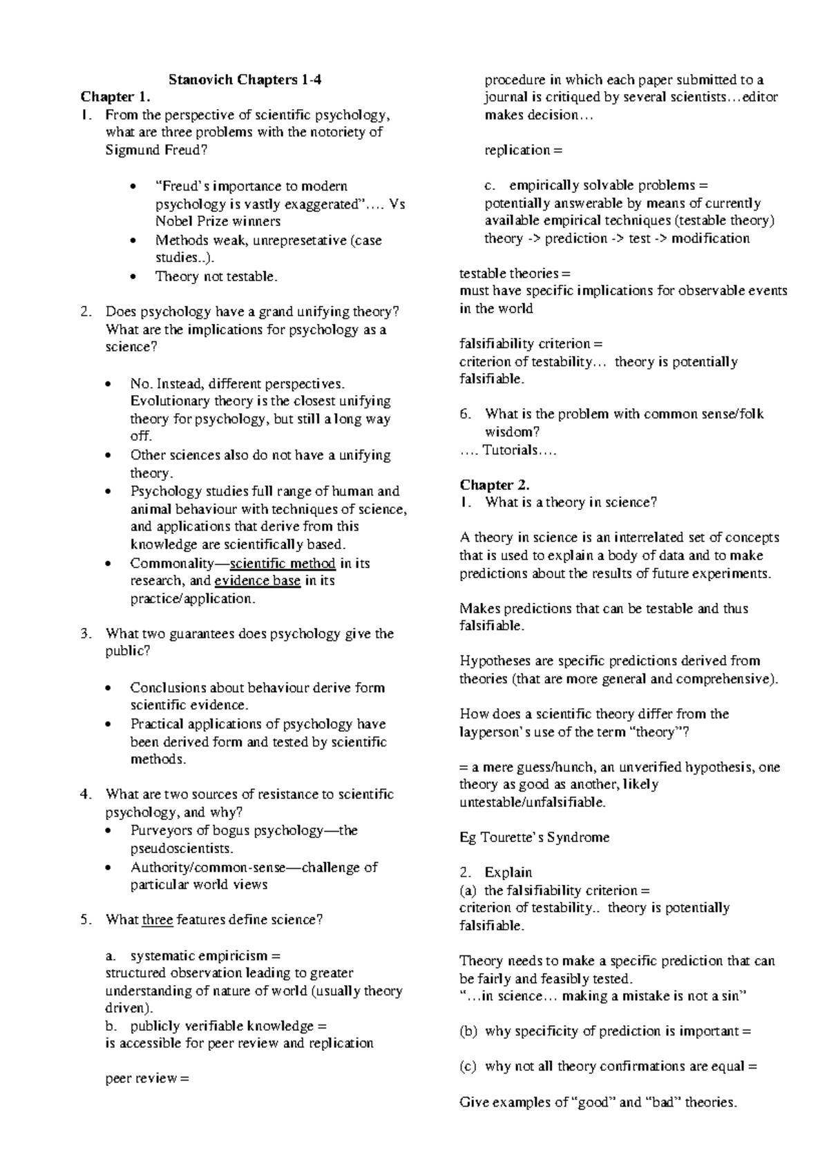 Stanovich Chapters 1-4 Summary: Key Concepts in Scientific Psychology - Studocu