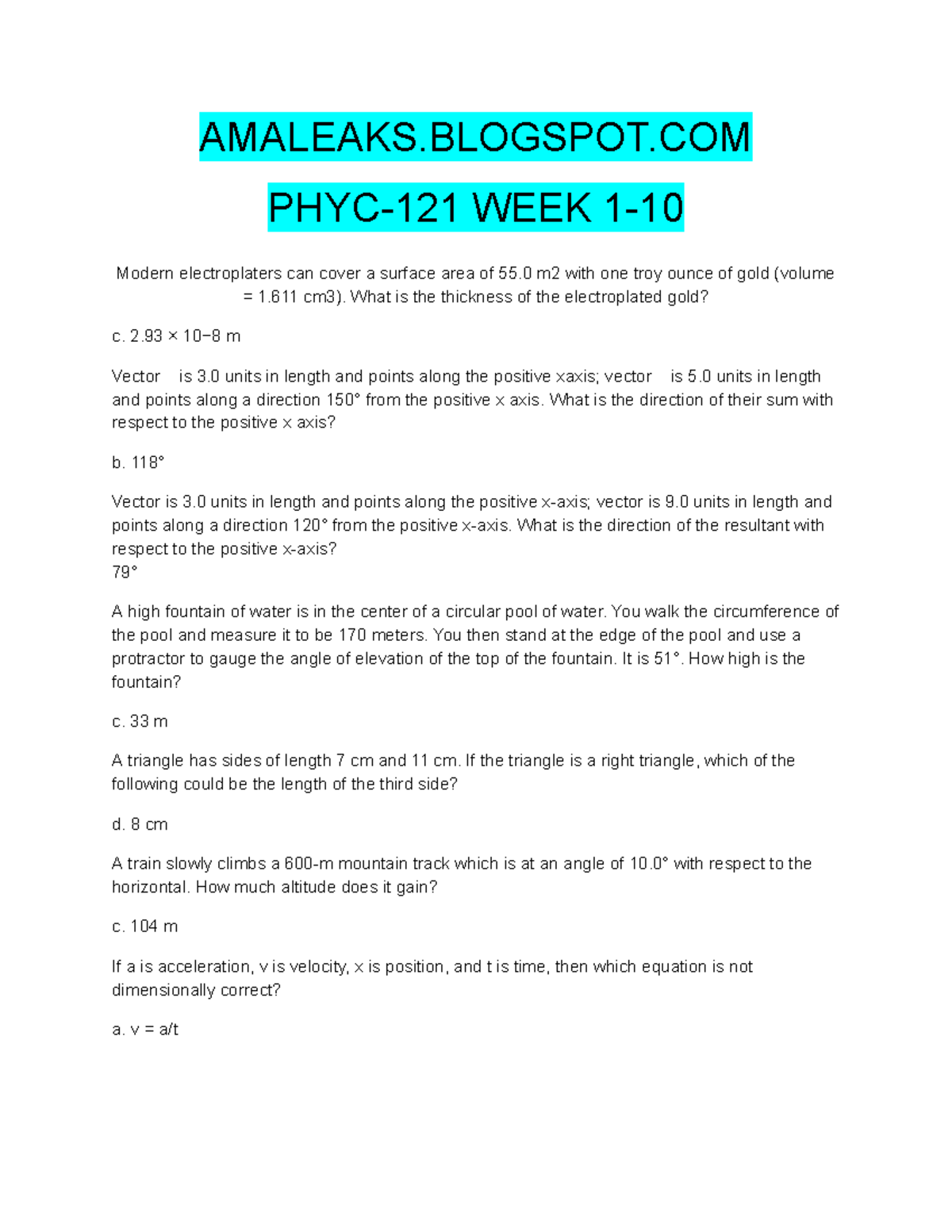 PHYC-121 WEEK 1: Understanding Physics Concepts and Applications - Studocu