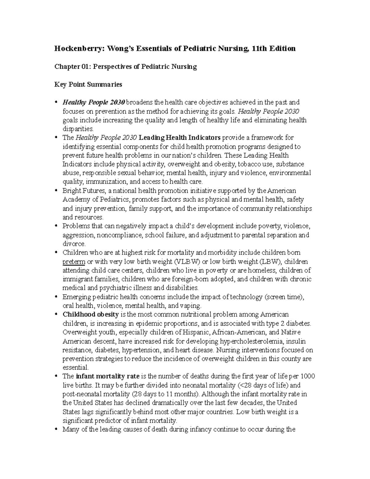 Ch 1 Key Points: Perspectives of Pediatric Nursing (Hockenberry, 11th ...
