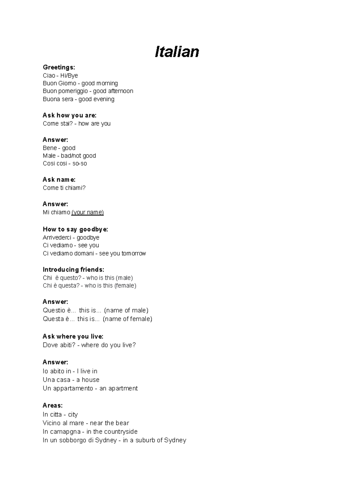 Italian Language Basics: Greetings, Introductions & More - Studocu