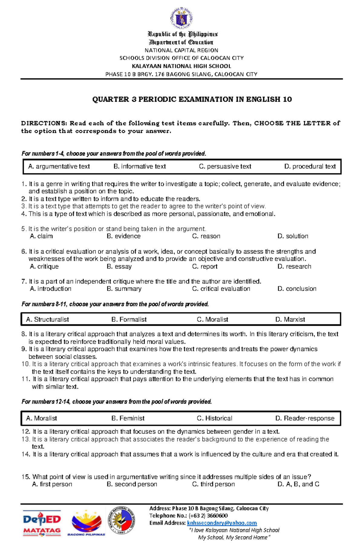 Grade 10 Quarter 3 Periodic Exam in English: Comprehensive Review - Studocu