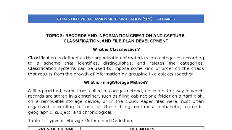 BTM453 Individual Assignment: Records & Filing Methods (20242) - Studocu