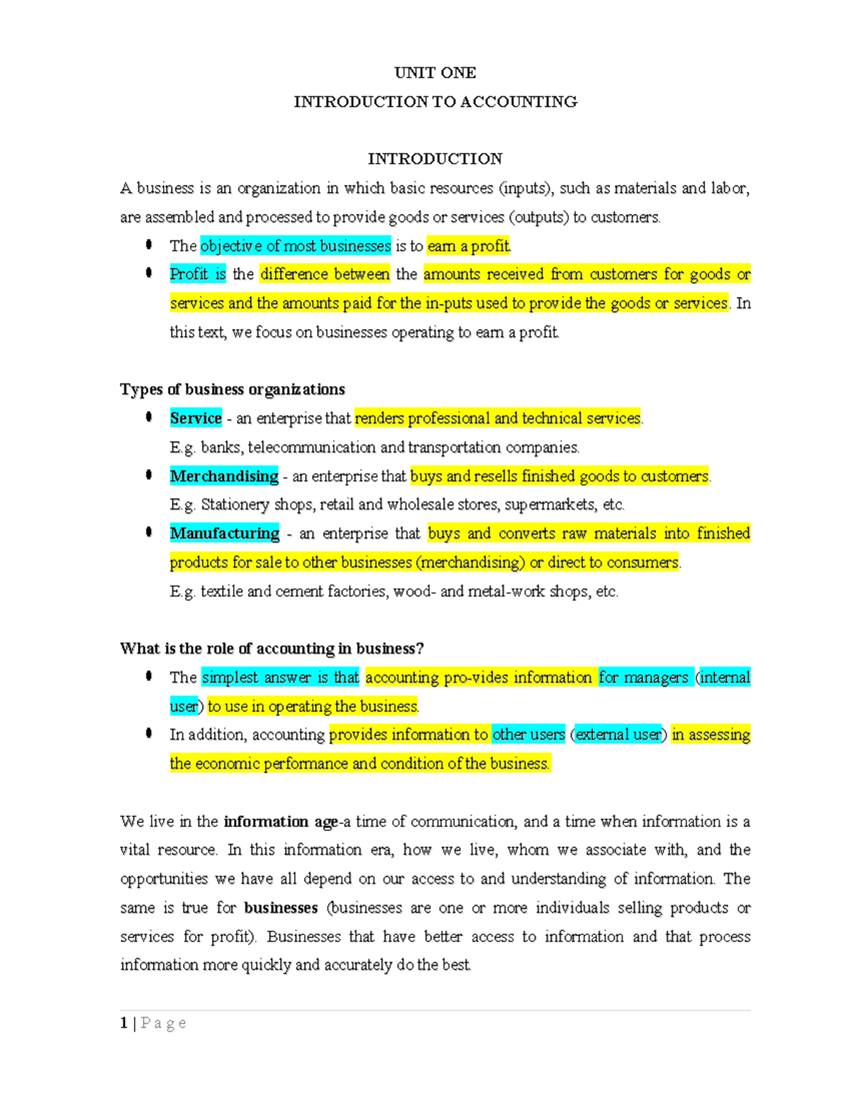 Fundamentals of Accounting: Unit 1 Overview and Key Concepts - Studocu