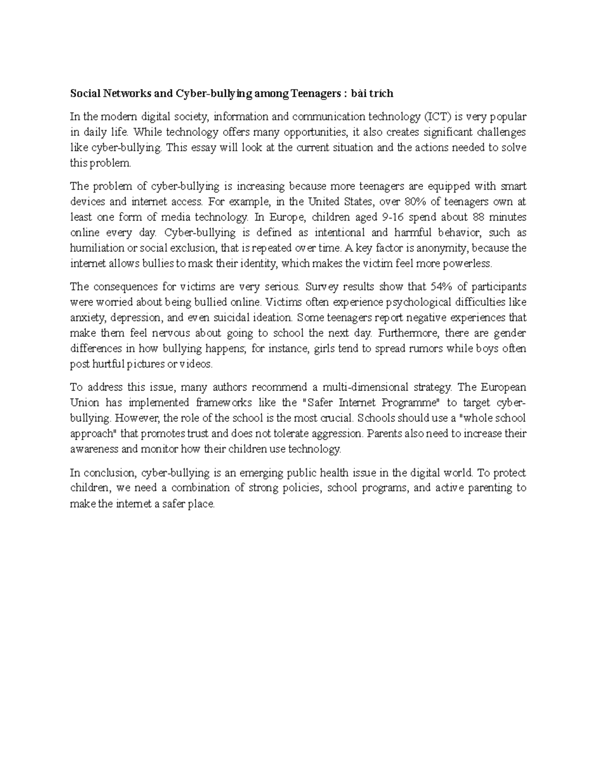 P15H04 - Social Networks and Cyberbullying Among Teenagers - Studocu