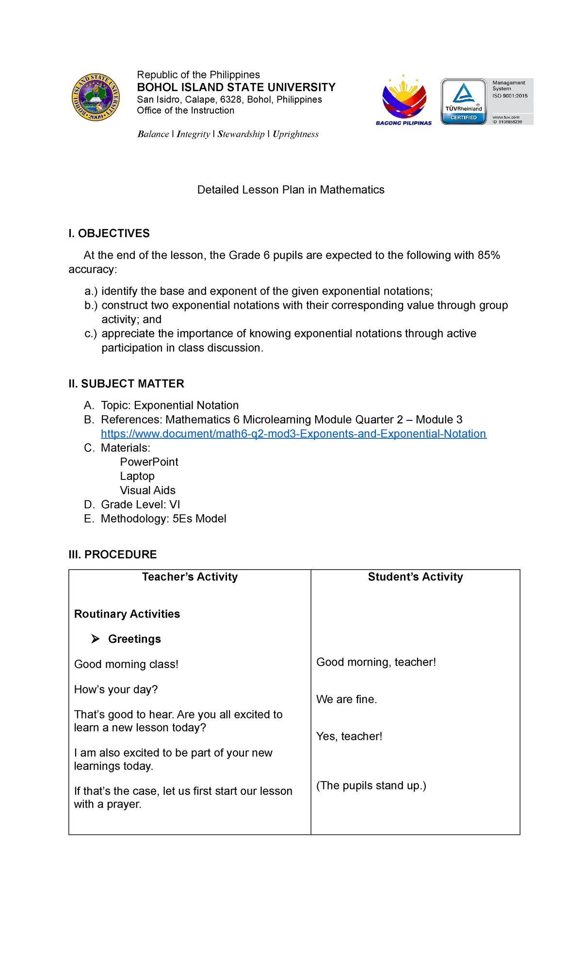 Teaching MATH 6 5Es Lesson Plan on Exponential Notation - Studocu