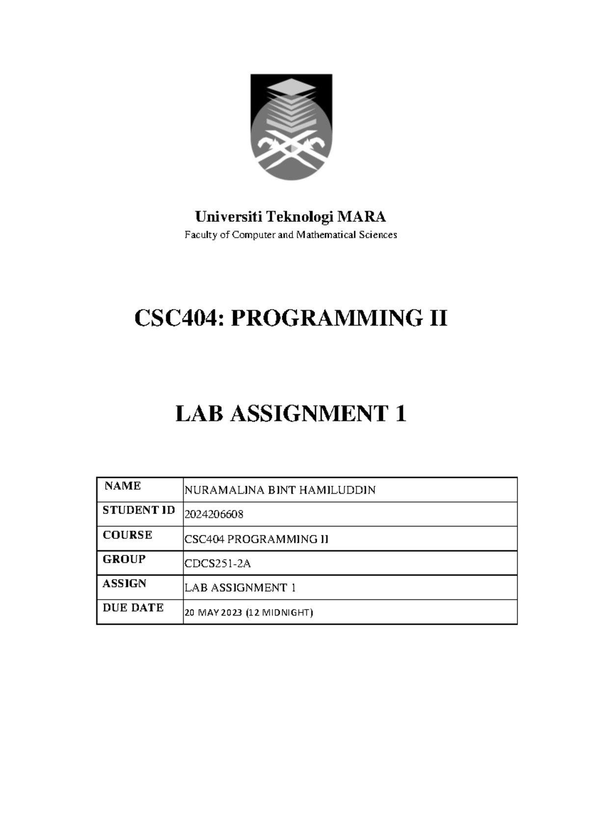 CSC404: Programming II Lab Assignment 1 - Area Calculation & Scoring ...