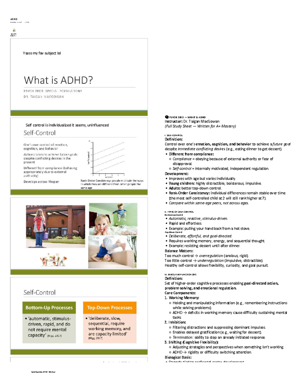 PSYCH 3B03 ADHD Lecture Notes: Understanding Self-Control and Executive ...