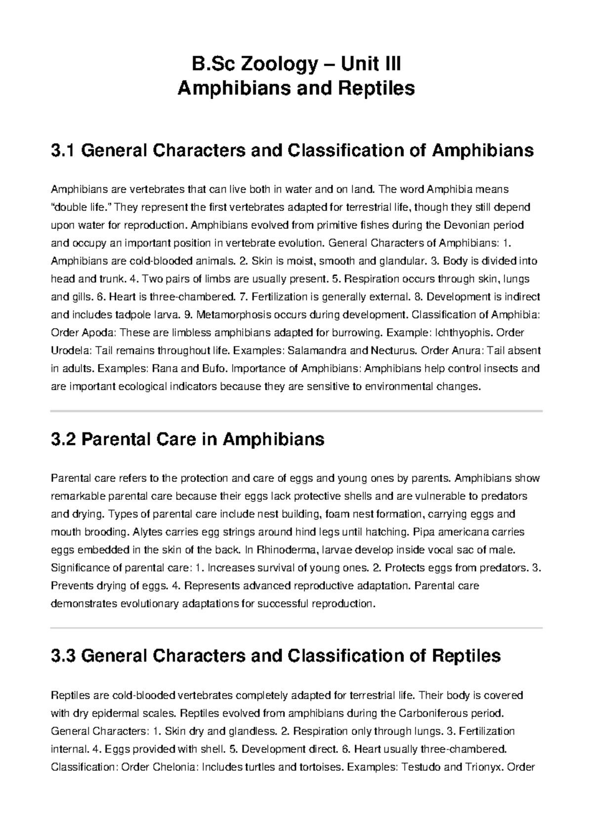 B.Sc Zoology Unit III: Amphibians & Reptiles - General Characters ...