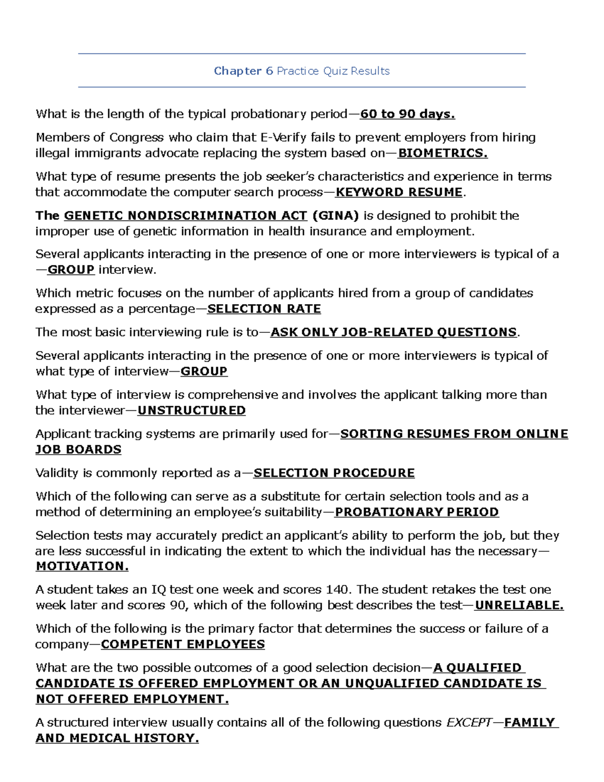 Chapters -14-13-12-10-9-8-7-6-5-4 Human Resources Practice Quiz Results ...