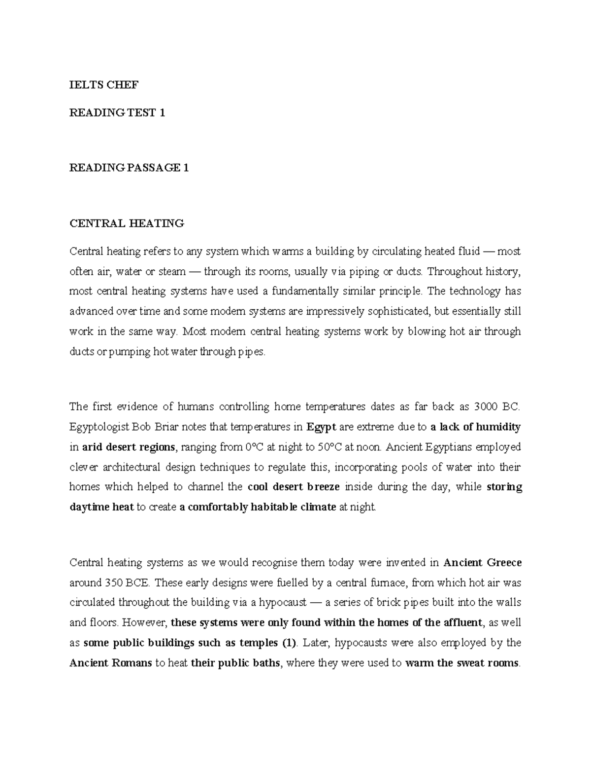 Ielts chef reading test 1 passage 1: Central heating overview - Studocu