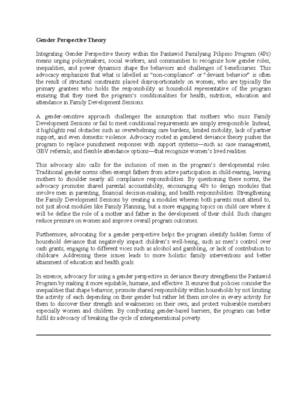 Gender Perspective Theory: Enhancing the Pantawid Program (4Ps) - Studocu