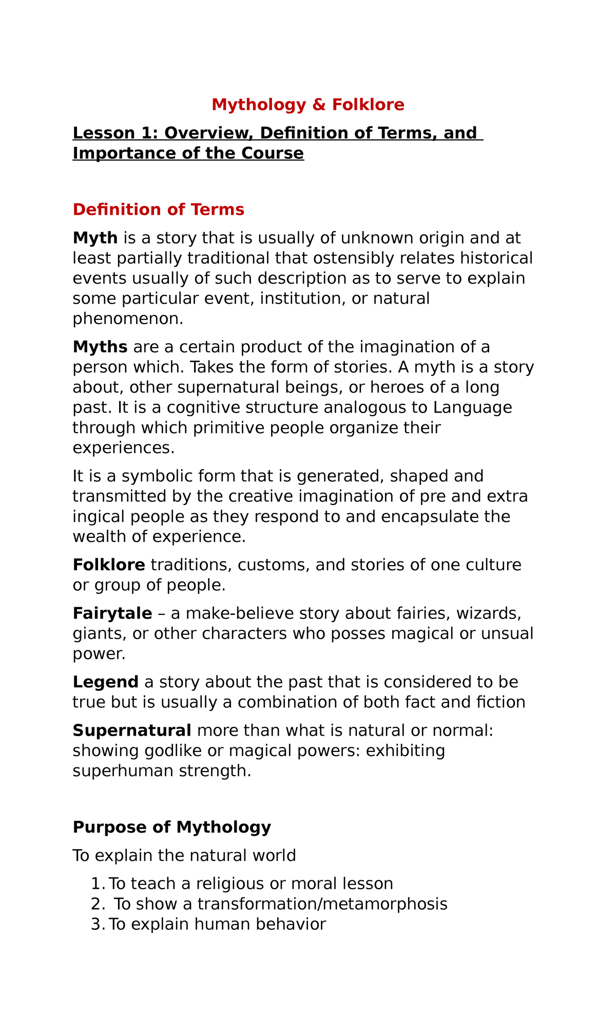 Mythology and Folklore - Mythology & Folklore Lesson 1: Overview ...