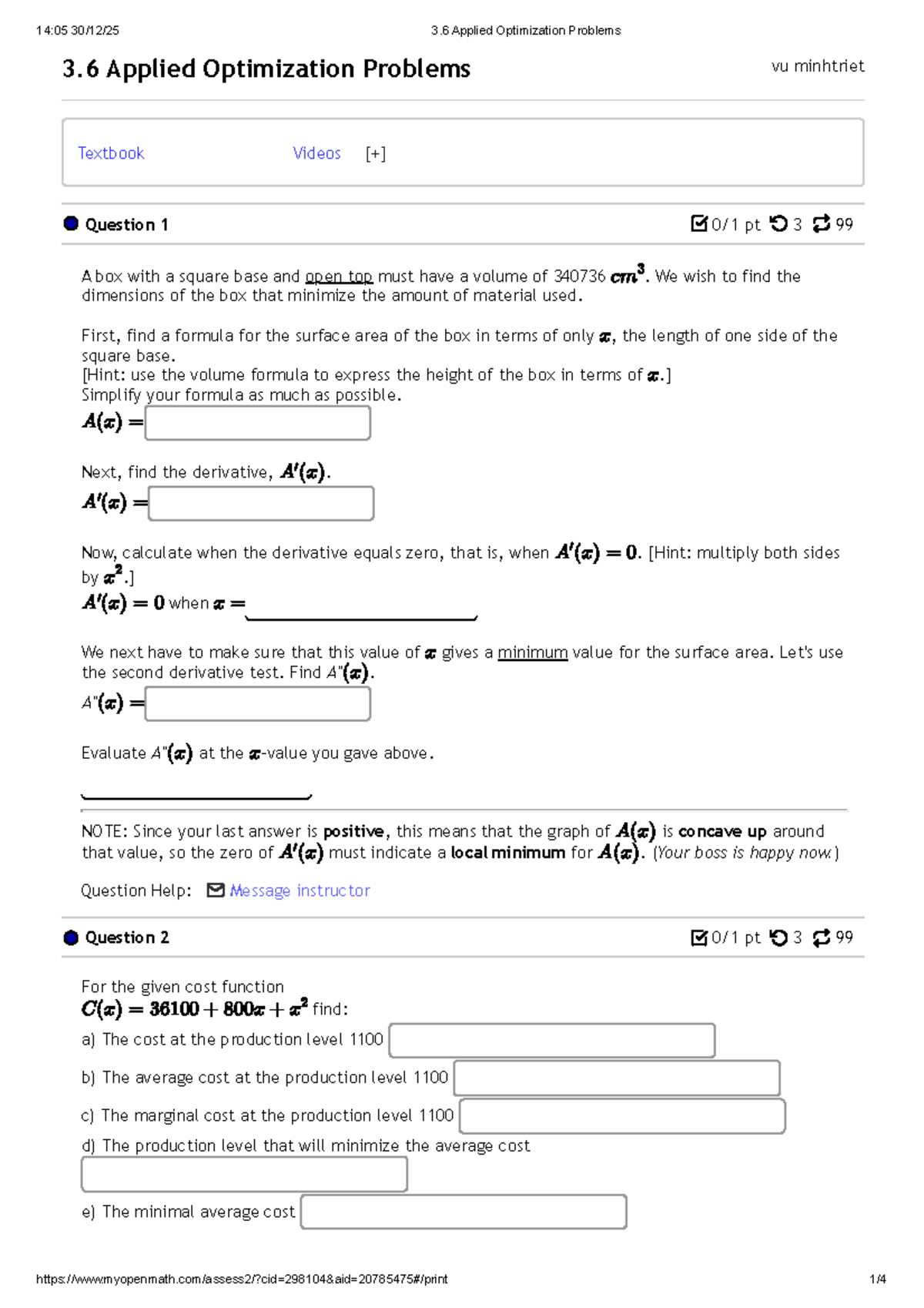 3.6 Applied Optimization Problems: Minimizing Surface Area and Costs ...