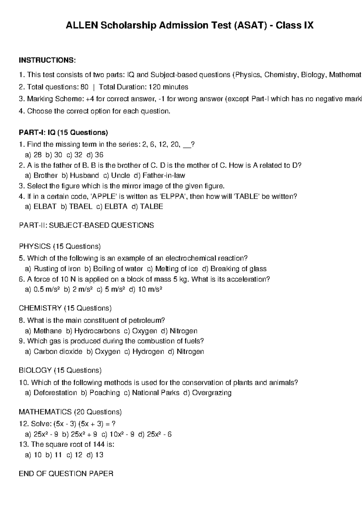 ASAT Class IX Scholarship Admission Test Question Paper - Studocu
