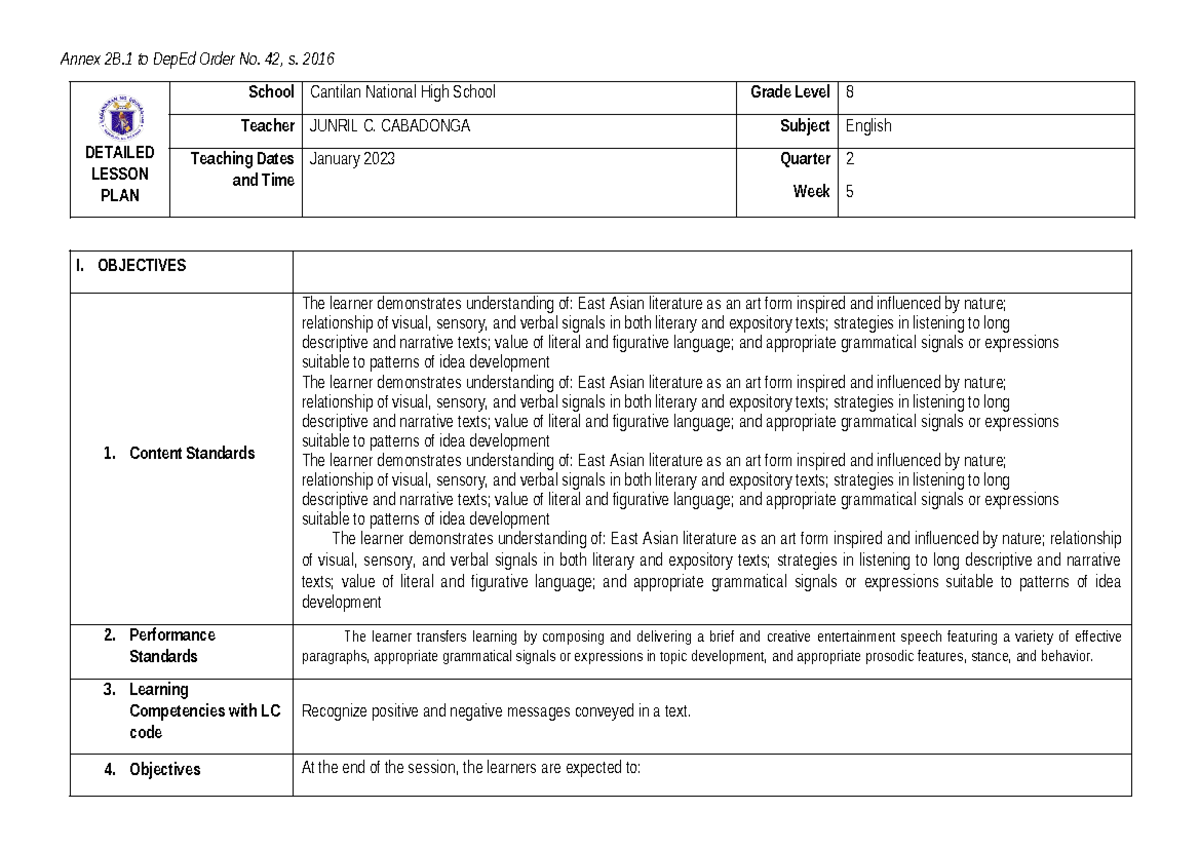 Q2 W 5 English LP CO - nbshdhshfdjfidjf - Annex 2B to DepEd Order No ...