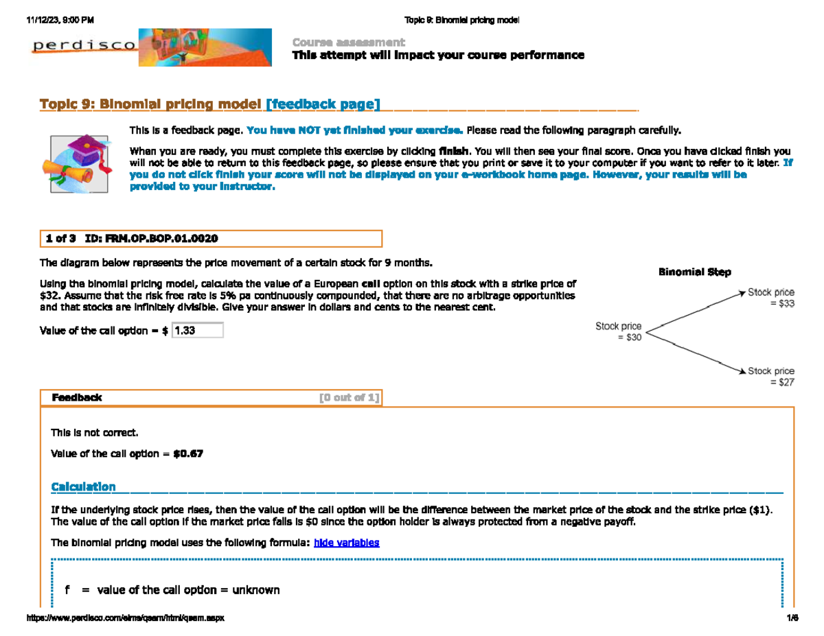 Perdisco Topic 9: Exploring the Binomial Pricing Model Explained - Studocu