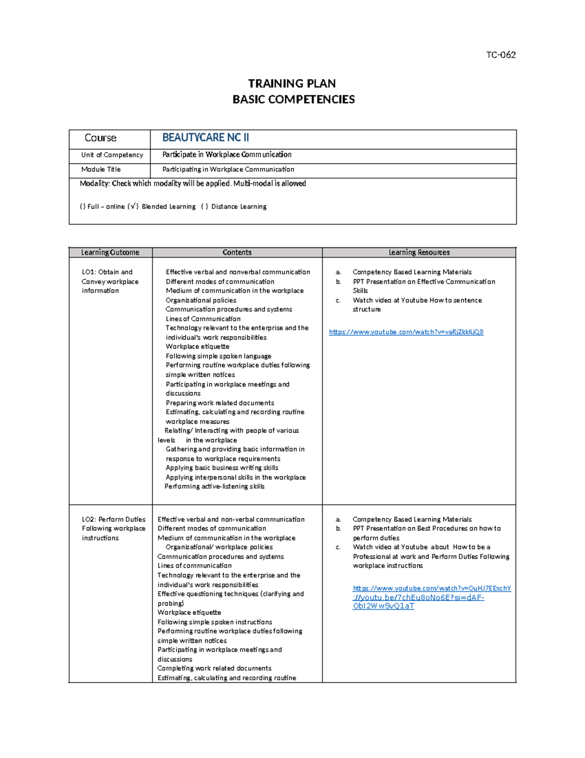 TRAINING PLAN: BEAUTYCARE NC II Competencies and Modules Overview - Studocu