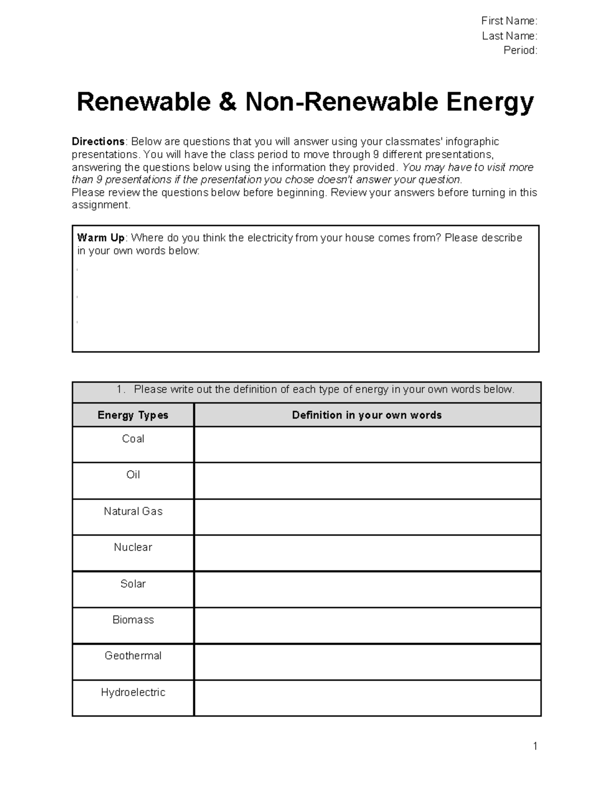 Renewable and Non-Renewable Energy Gallery Walk Assignment - Studocu