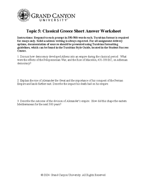 HIS-325 T5 Classical Greece Worksheet - Topic 5: Classical Greece Short ...