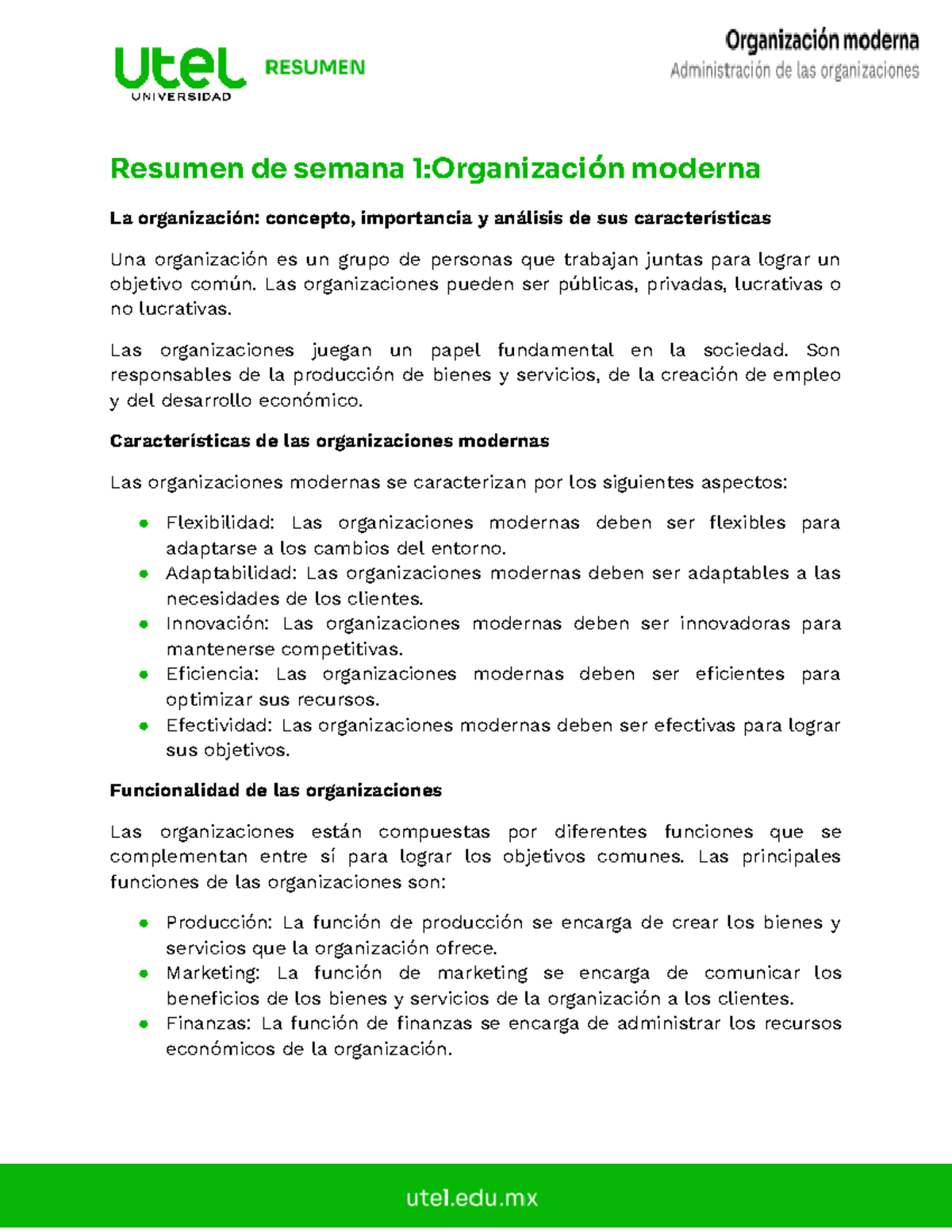 Resumen Semana 1: Organización Moderna y sus Características - Studocu