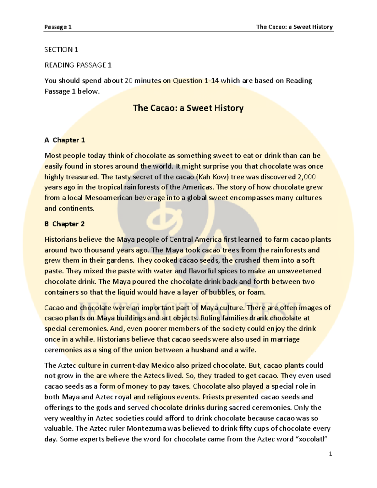 Reading Practice 2 - chuc b hoc tot - Passage 1 The Cacao: a Sweet ...