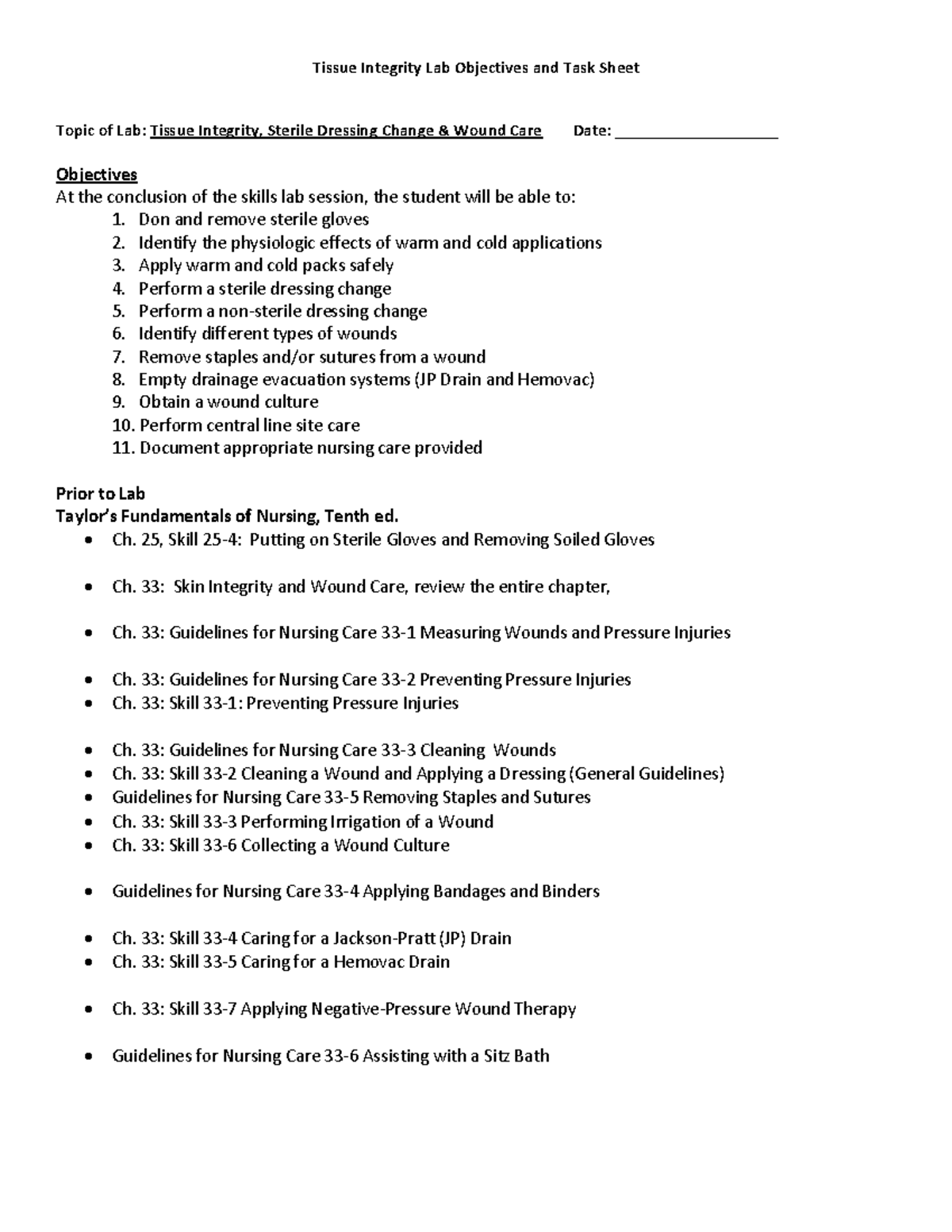 Nursing Lab Skills: Tissue Integrity & Wound Care Task Sheet - Studocu