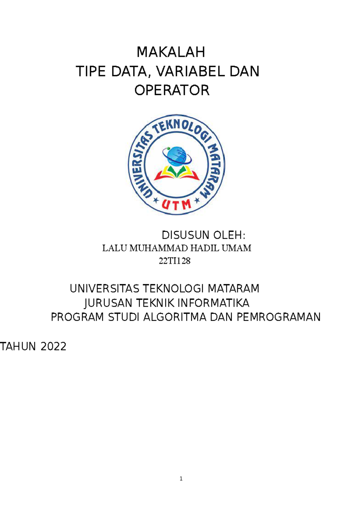 Makalah Algoritma 22TI: Tipe Data, Variabel, dan Operator - Studocu
