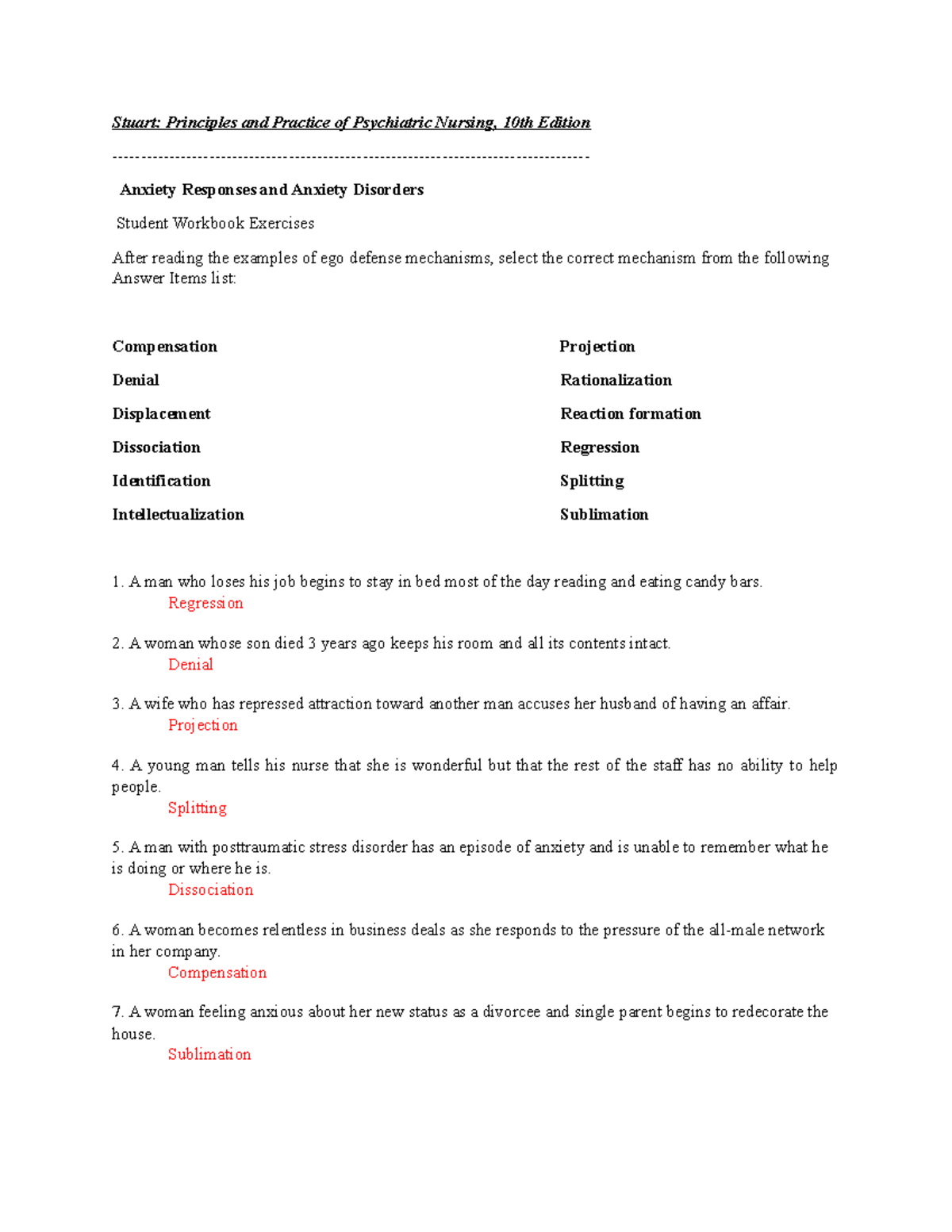 Anxiety Disorders: Defense Mechanisms Worksheet - Principles & Practice ...