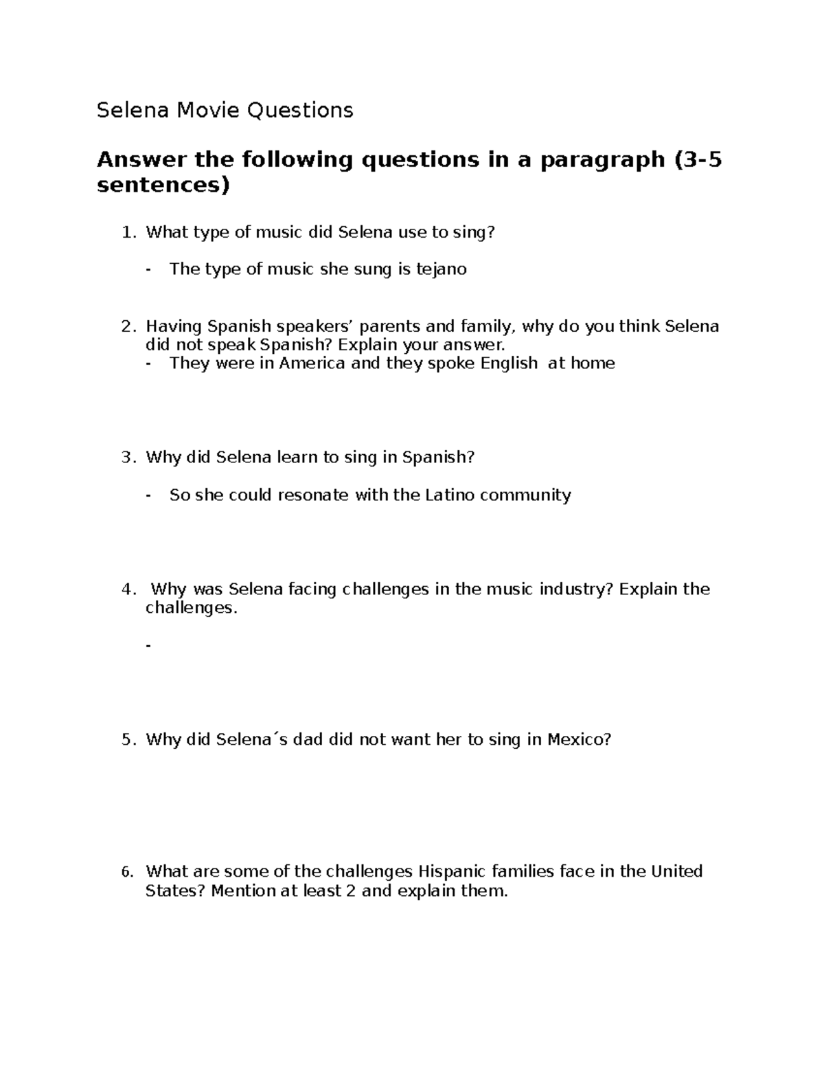 Selena Movie Questions - Selena Movie Questions Answer the following ...