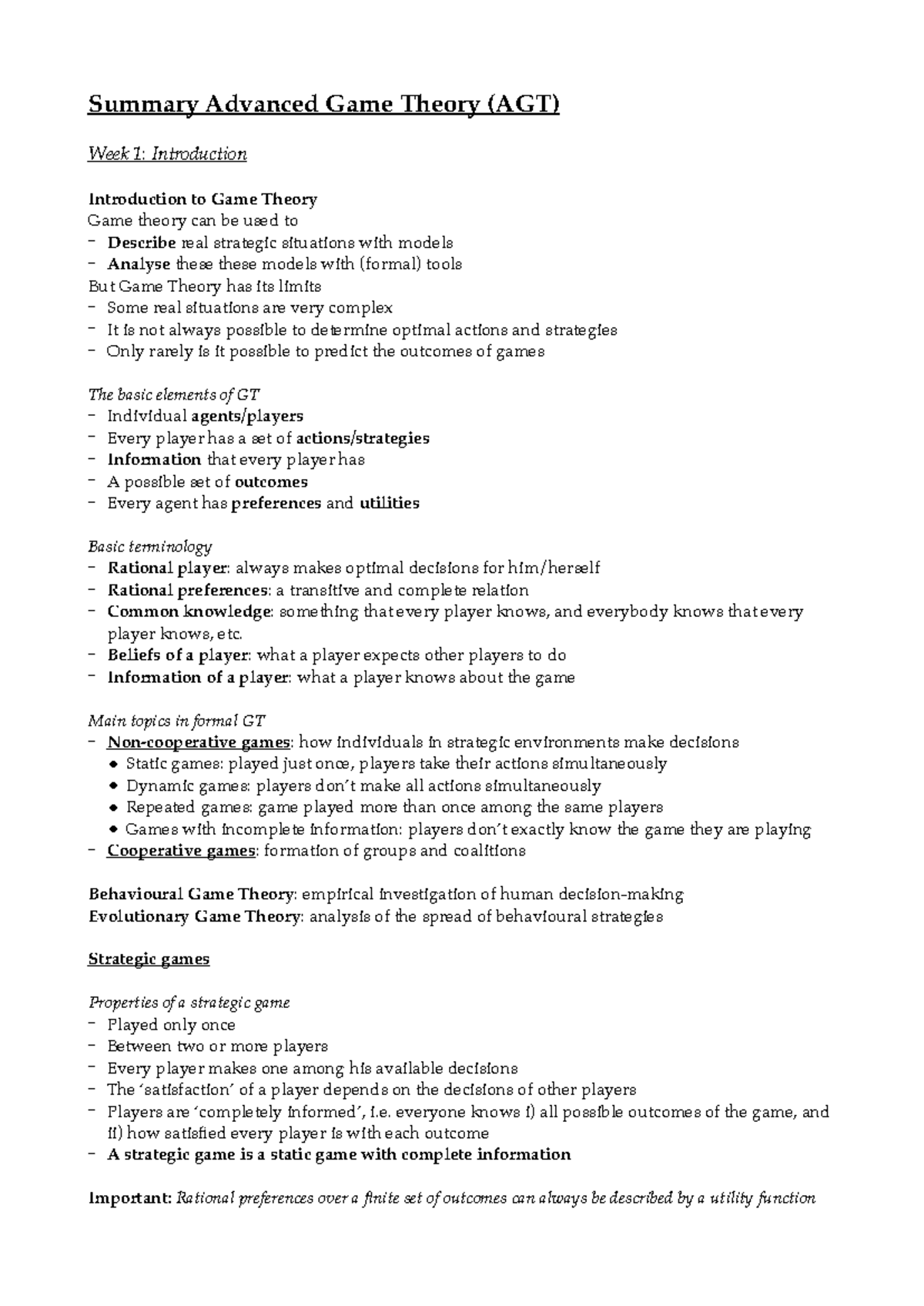 Summary of Advanced Game Theory Concepts (AGT) - Studeersnel
