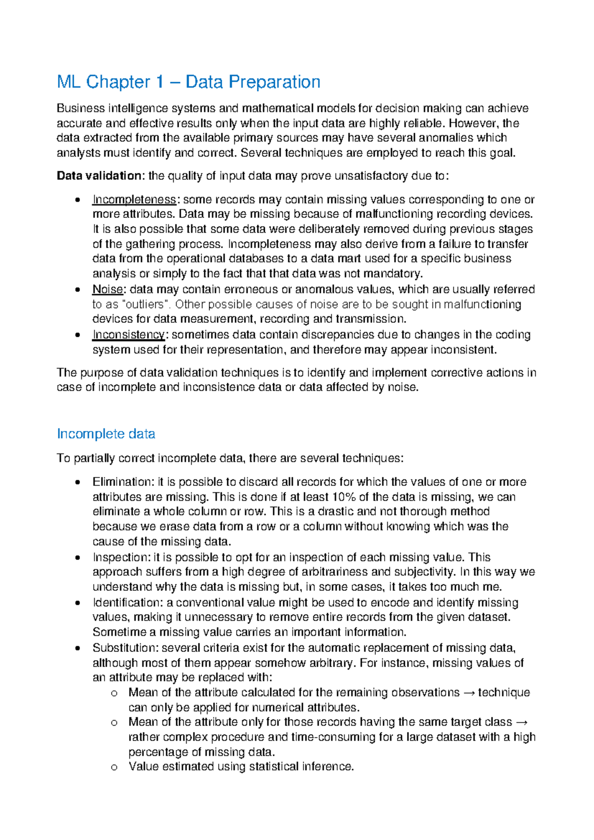 ML Chapter 1: Data Preparation Techniques and Challenges - Studocu