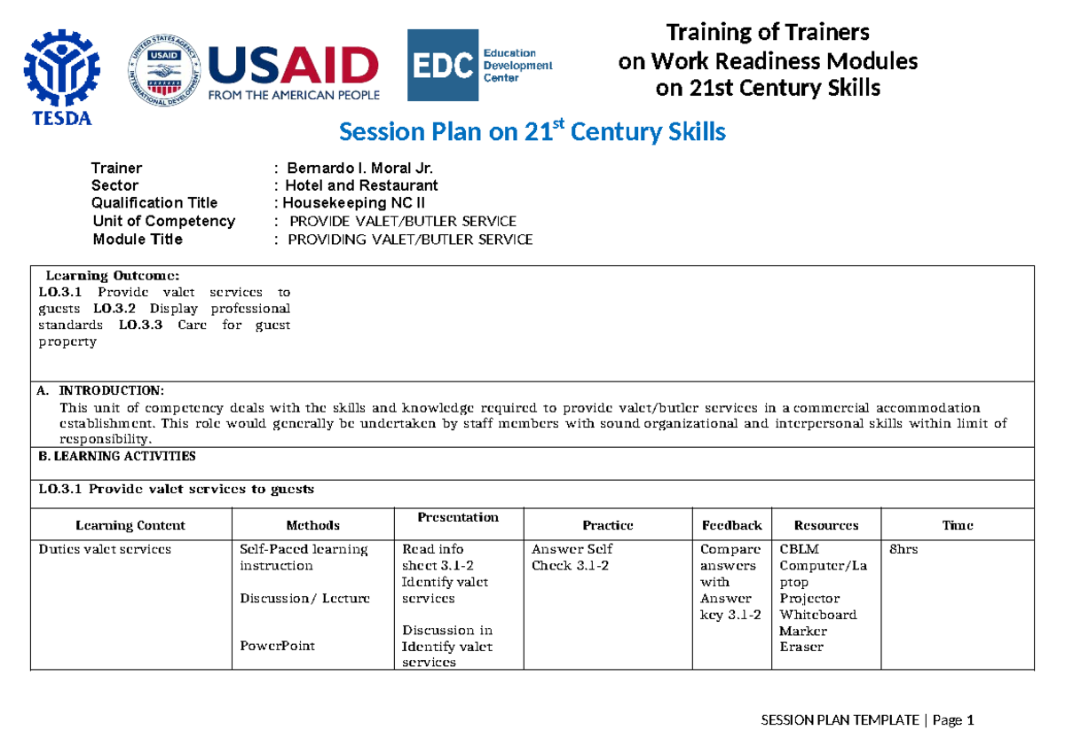 21st Century Skills Training Session Plan for Housekeeping NC II - Studocu
