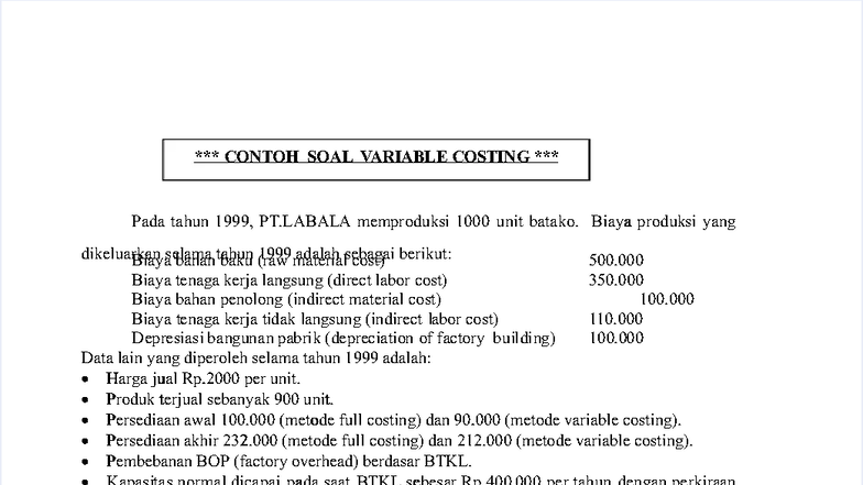Contoh Soal Variable Costing dan Full Costing (CBT) - Studocu