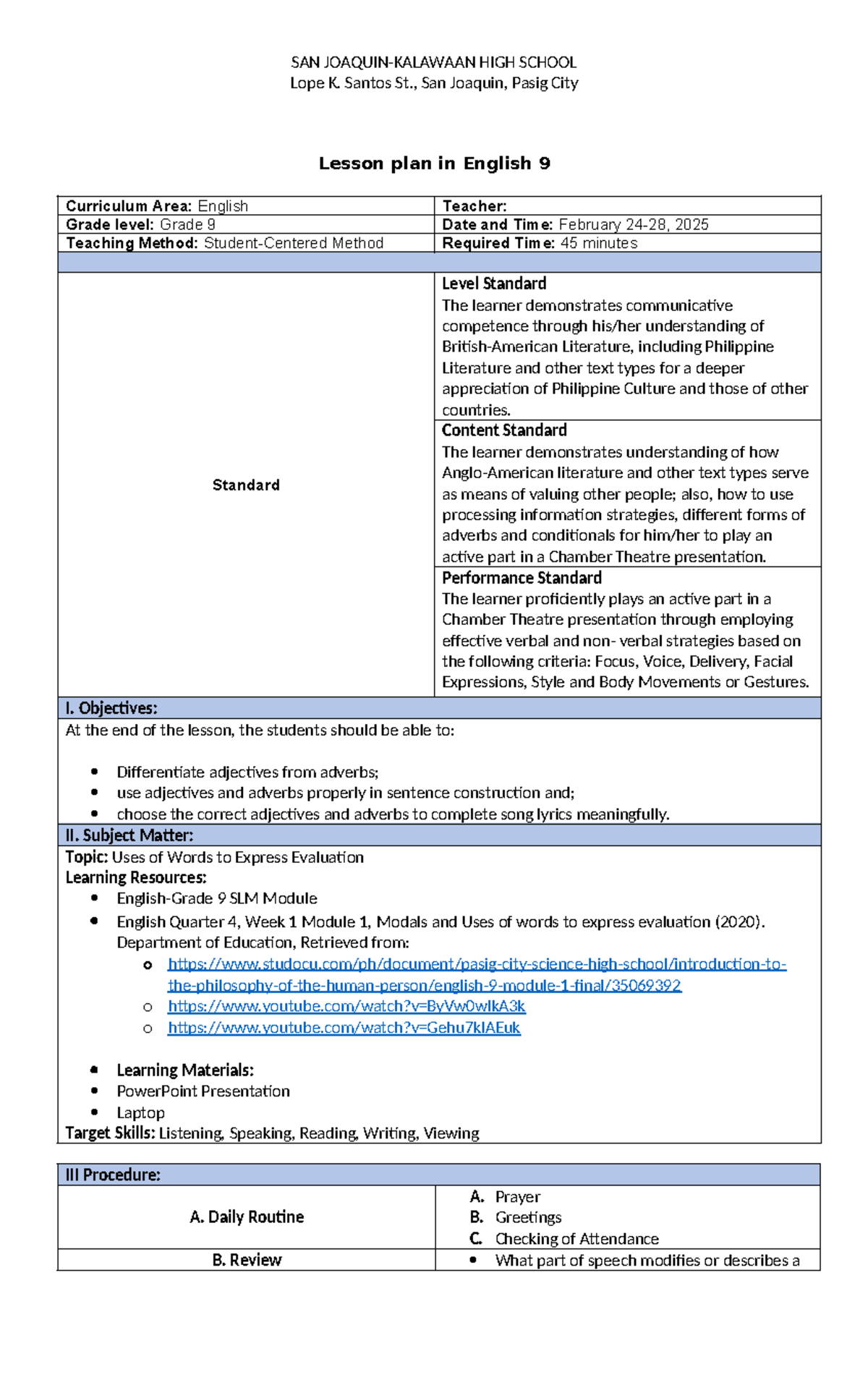 Lesson-plan-in-English-9 Adjective and Adverb - Lope K. Santos St., San ...