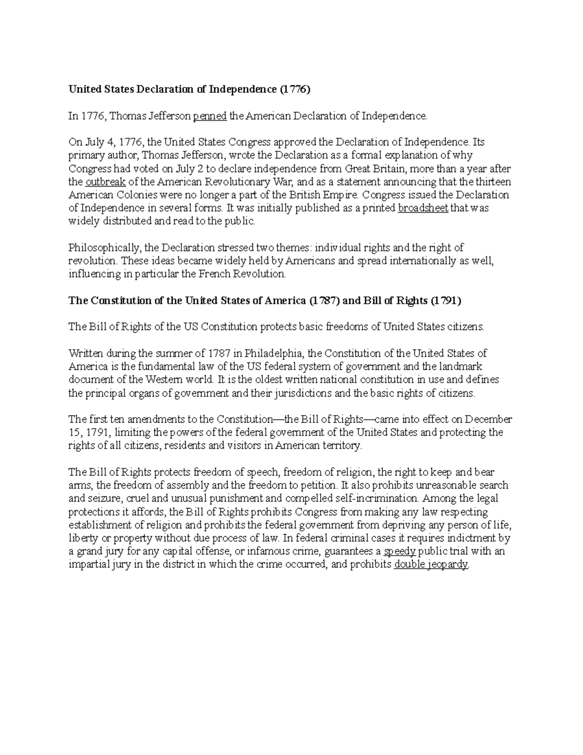 US History Overview: Declaration of Independence & Constitution - Studocu