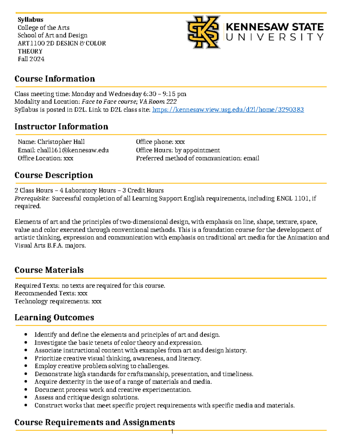 2D Syllabus Fall 2024 - Christopher Hall - Syllabus College of the Arts ...