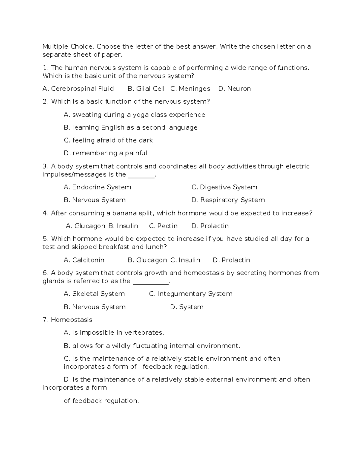 Long Quiz on Nervous System and Endocrine Functions - Studocu
