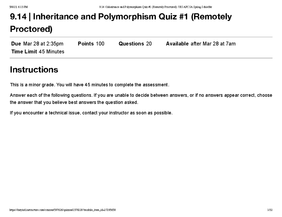 9.14 Inheritance and Polymorphism Quiz #1 (Remotely Proctored) JHS Apcsa Spring Schieffer - 9 ...