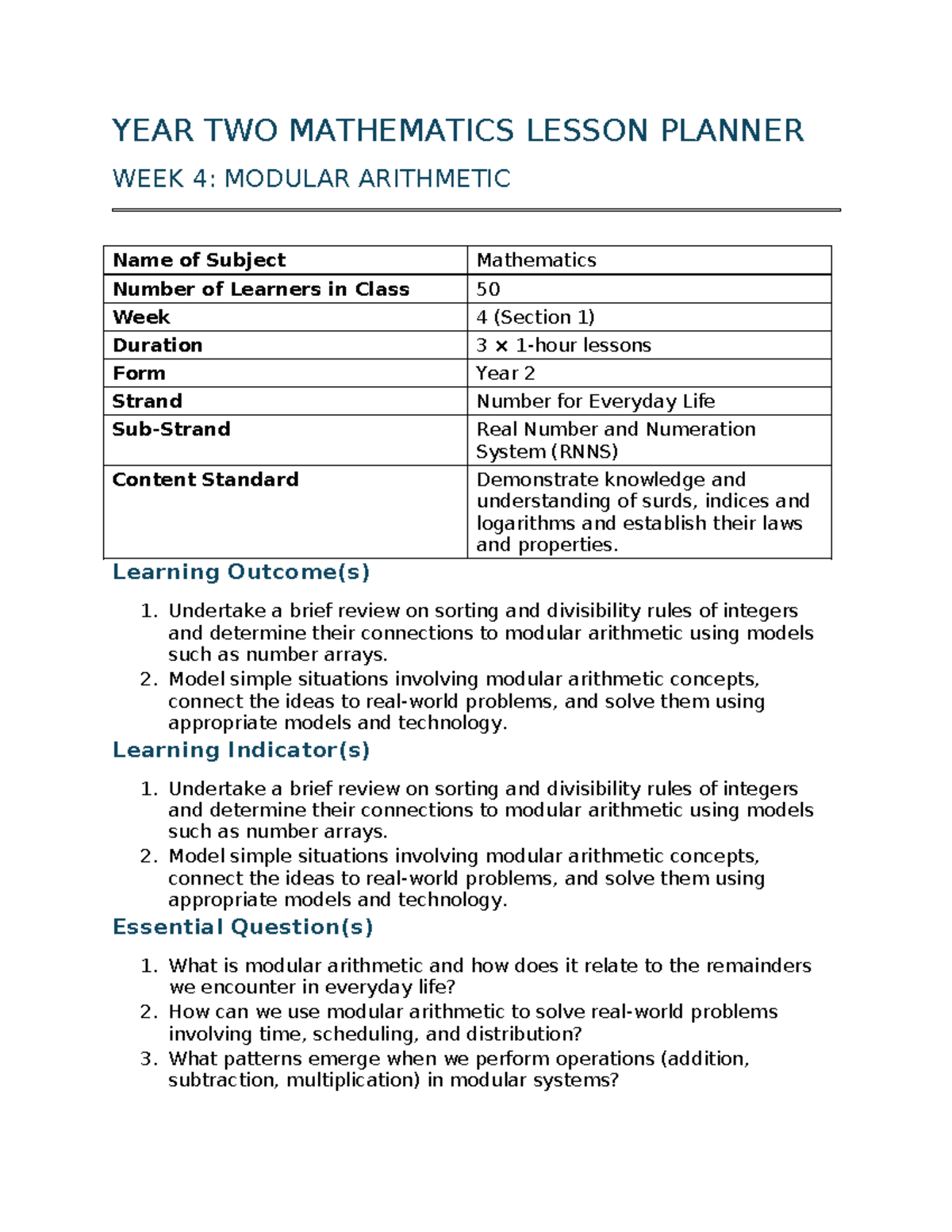 YEAR 2 MATHEMATICS WEEK 4 LESSON PLAN: MODULAR ARITHMETIC - Studocu
