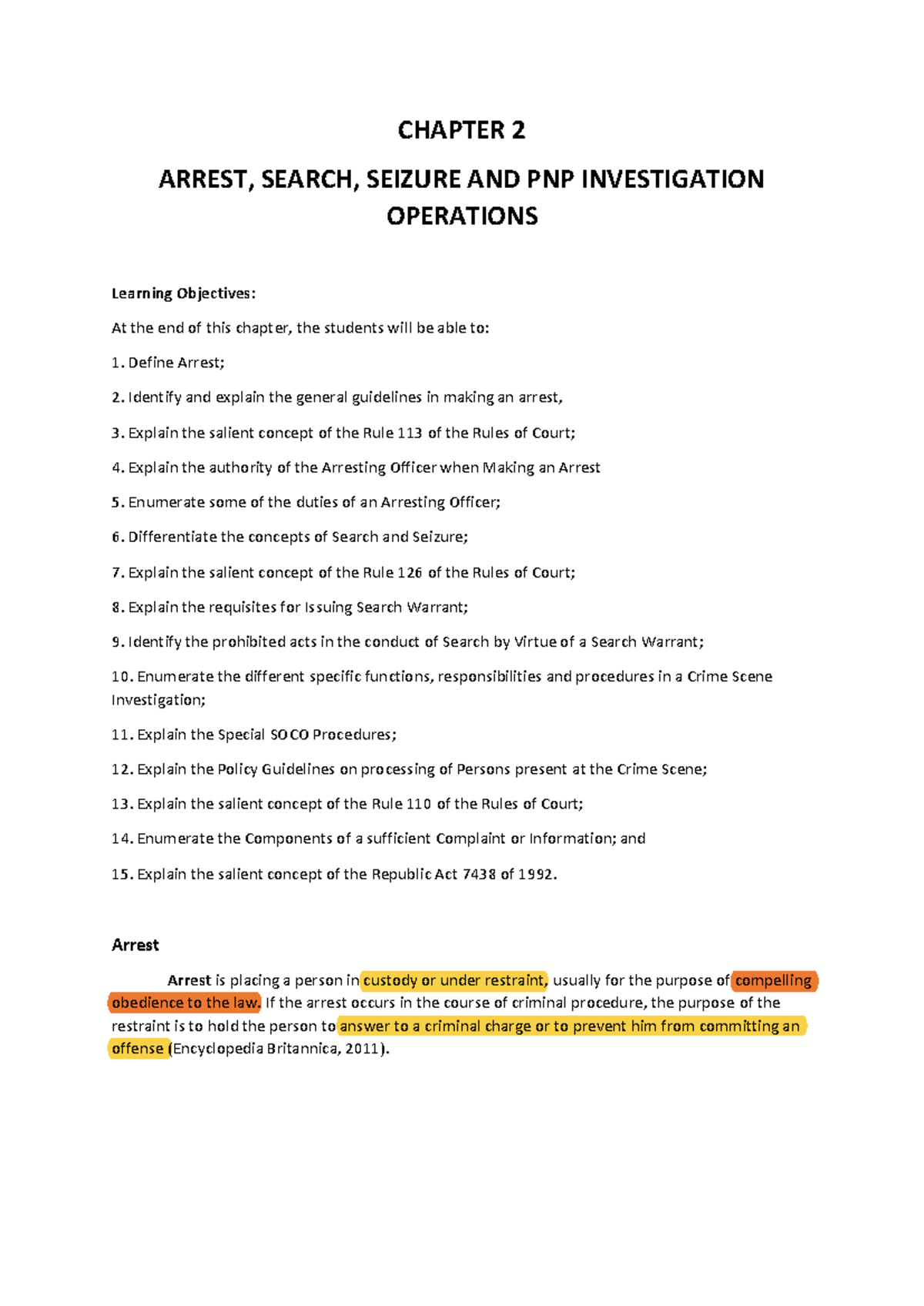 Chapter 2: Arrest, Search, Seizure, and PNP Investigation Ops - LEA4 ...