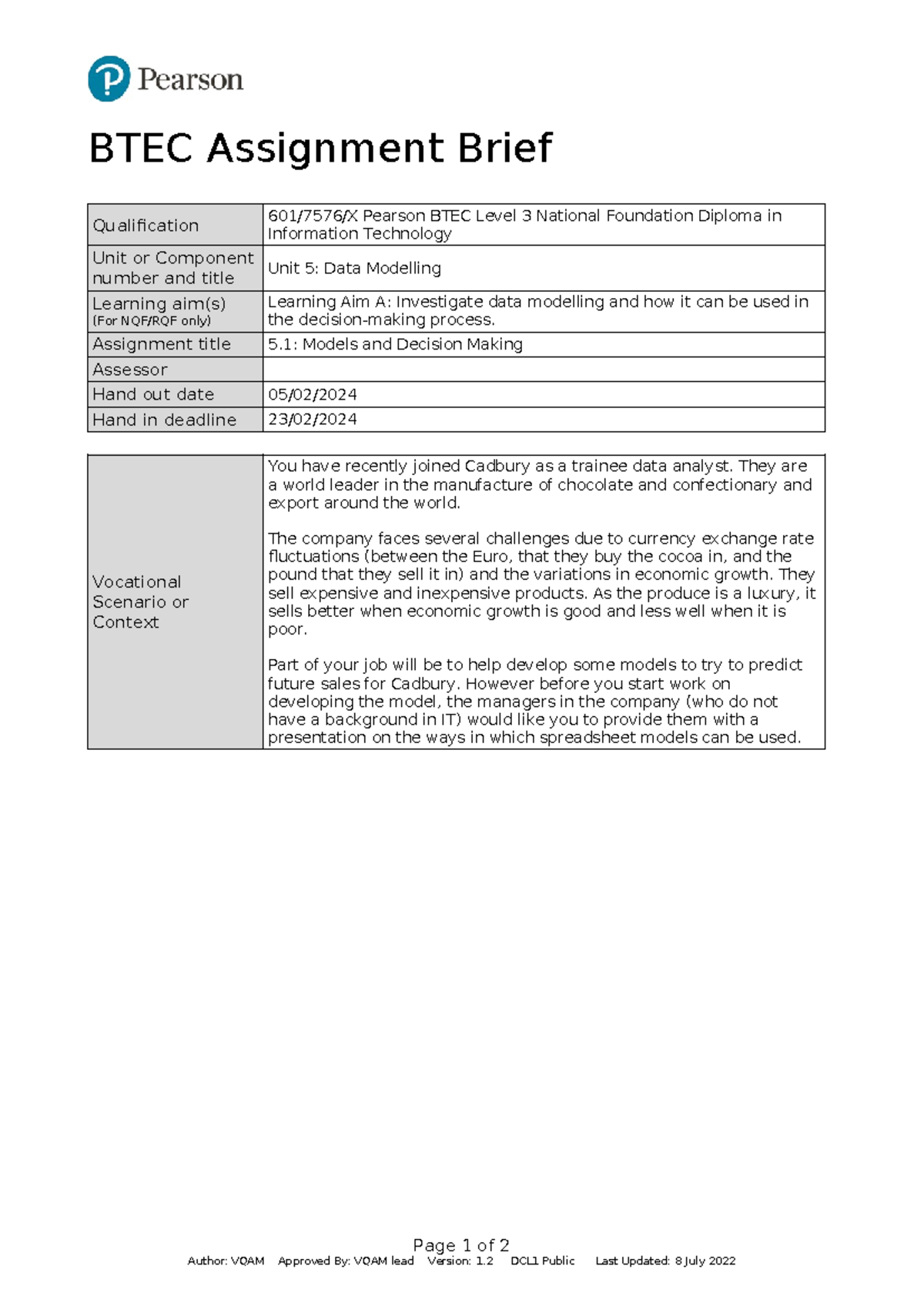 BTEC Level 3 - Assignment 5.1: Models & Decision Making in Data ...