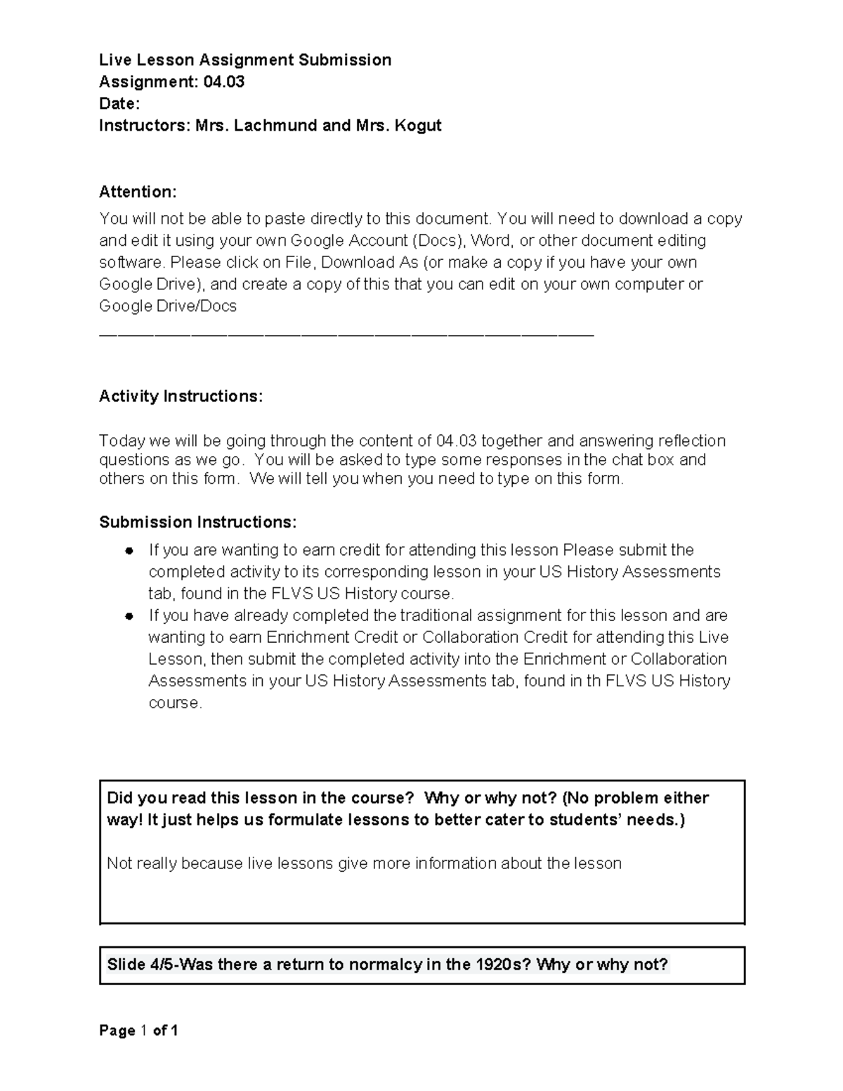 04.03 Live Lesson - US History Reflection & Assignment Guide - Studocu